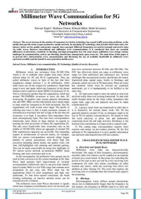 (PDF) Millimeter Wave Communication for 5G Networks
