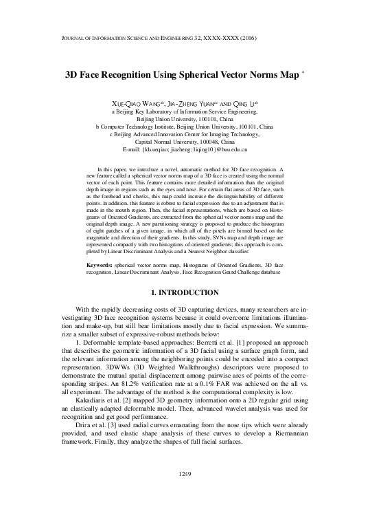 (PDF) 3D Face Recognition Using Spherical Vector Norms Map | Ernest Chukwuma - Academia.edu