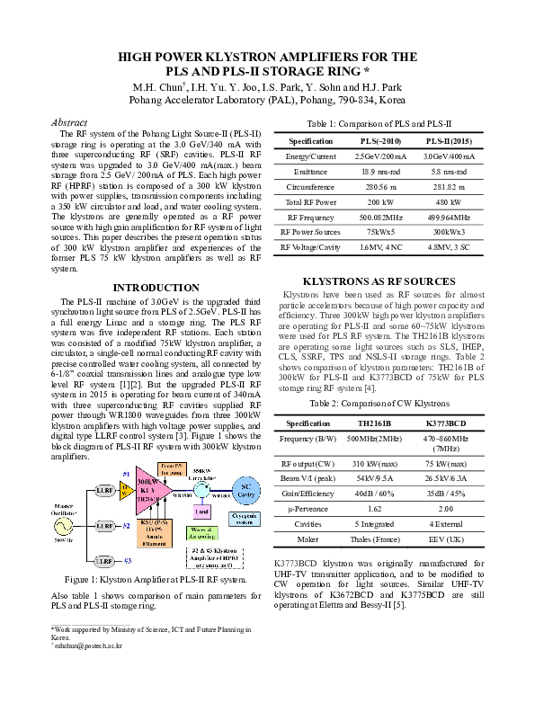 (PDF) High Power Klystron Amplifiers for the PLS & PLS-II Storage Ring