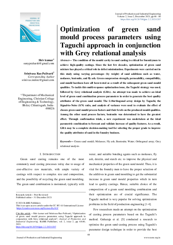 (PDF) Optimization of green sand mould process parameters using Taguchi approach in conjunction ...