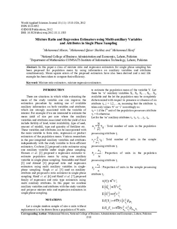 Pdf Mixture Ratio And Regression Estimators Using Multi Auxiliary Variable And Attributes In
