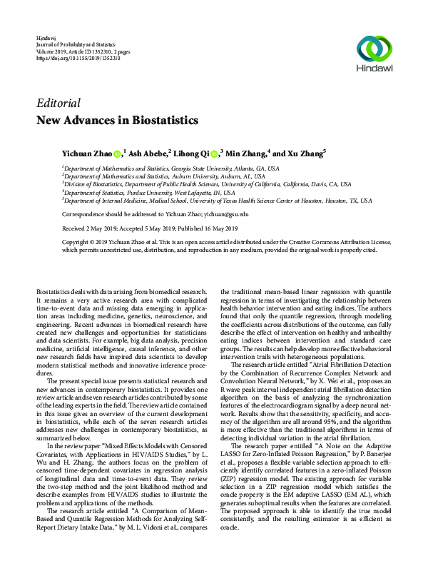 (PDF) New Advances in Biostatistics