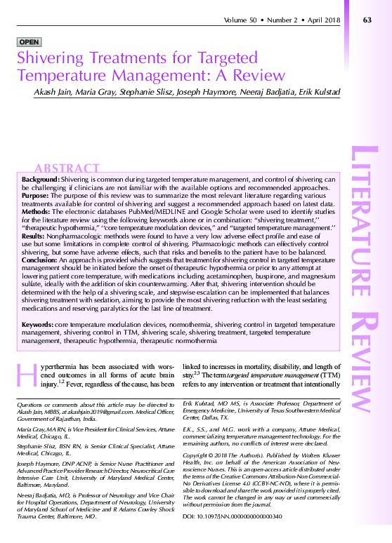 (PDF) Shivering Treatments for Targeted Temperature Management: A Review