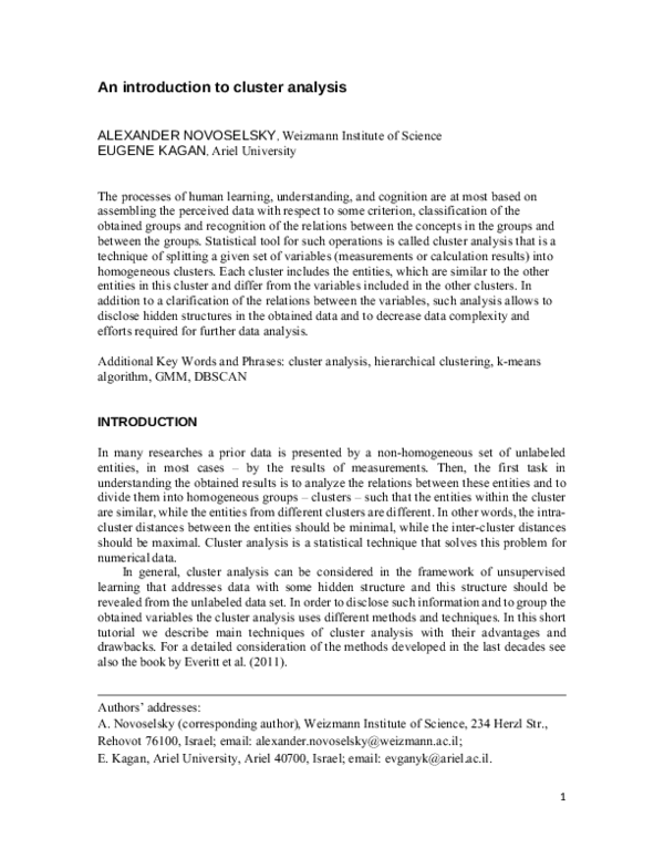 (PDF) An introduction to cluster analysis