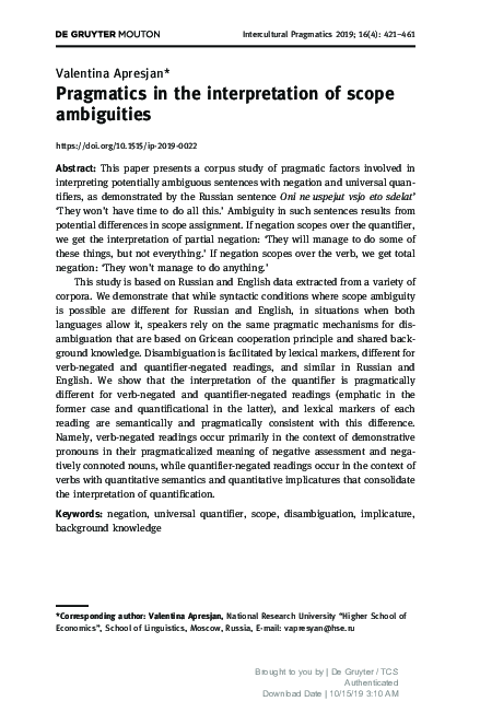 (PDF) Pragmatics in the interpretation of scope ambiguities