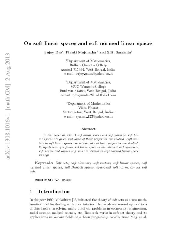 Pdf On Soft Linear Spaces And Soft Normed Linear Spaces