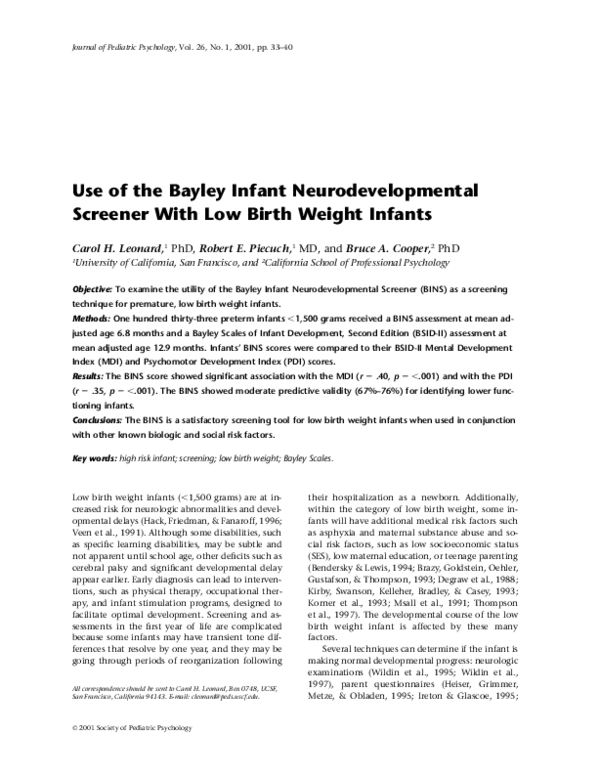 (PDF) Use of the bayley infant neurodevelopmental screener with ...