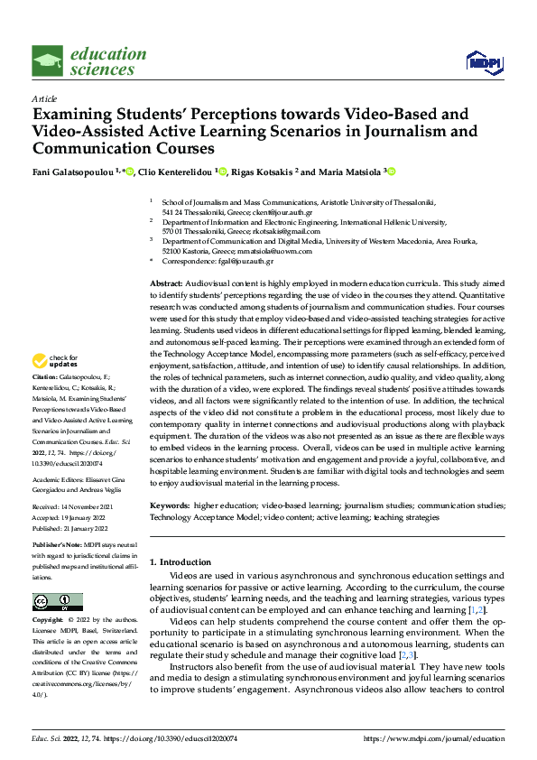 (PDF) Examining Students’ Perceptions towards Video-Based and Video-Assisted Active Learning ...
