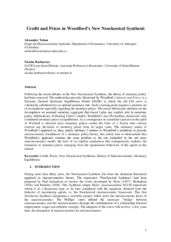 (PDF) Credit and Prices in Woodford's New Neoclassical Synthesis