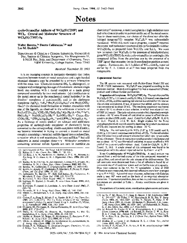 (PDF) cyclo-Octasulfur Adducts of WCl4(S)(THF) and WCl6. Crystal and ...