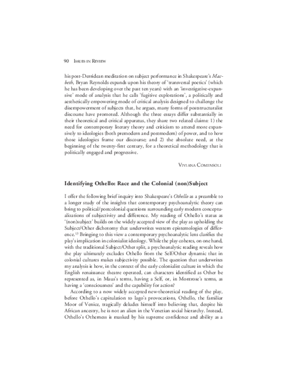 (PDF) Identifying Othello: Race and the Colonial (non) Subject