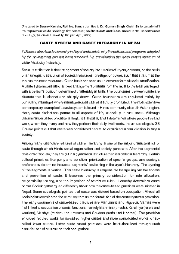 (PDF) Caste System and Caste Hierarchy in Nepal