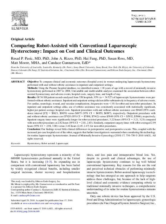 (PDF) Robot-Assisted vs. Conventional Hysterectomy Costs