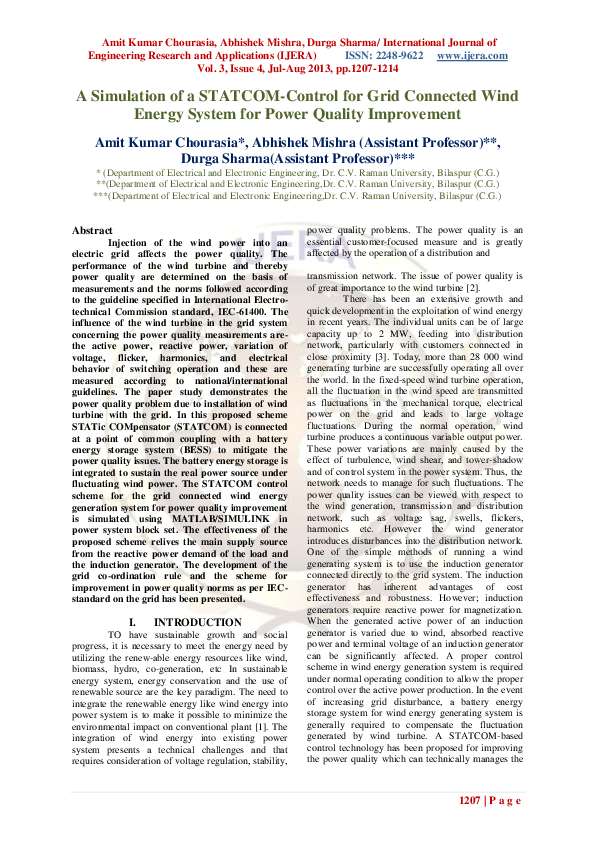 Pdf A Simulation Of A Statcom Control For Grid Connected Wind Energy System For Power Quality