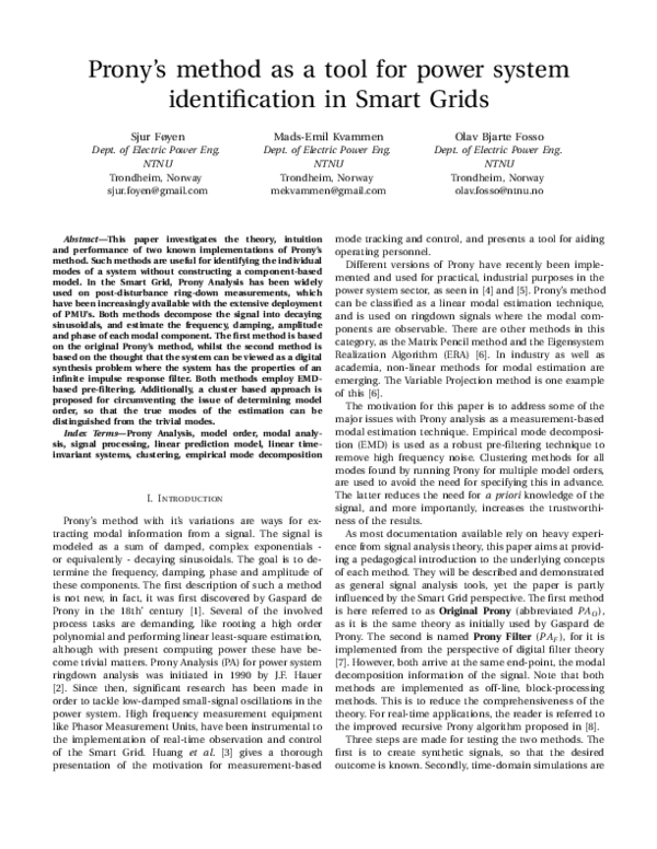 (PDF) Prony's method as a tool for power system identification in Smart ...
