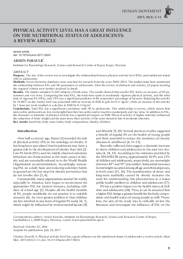 (PDF) Physical Activity Level Has a Great Influence on the Nutritional ...