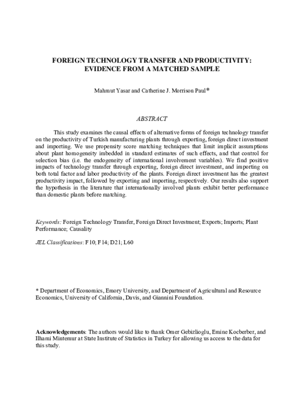 (PDF) Foreign Technology Transfer and Productivity
