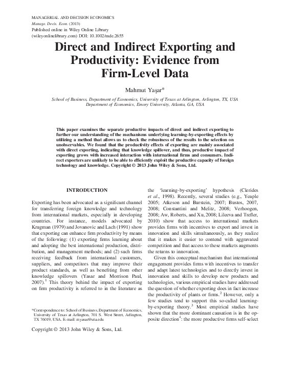 (PDF) Direct and Indirect Exporting and Productivity: Evidence from Firm-Level Data