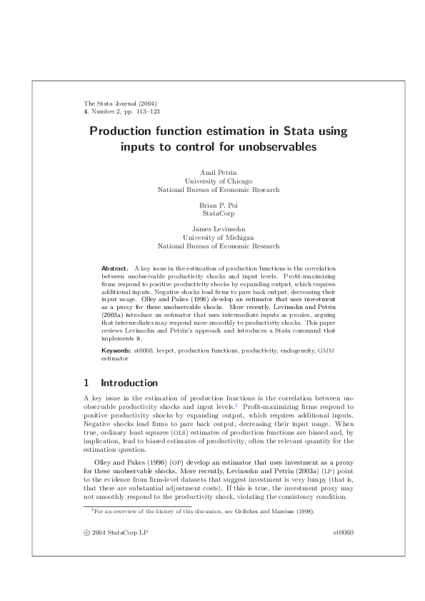 (PDF) Production Function Estimation in Stata using Inputs to Control for Unobservables