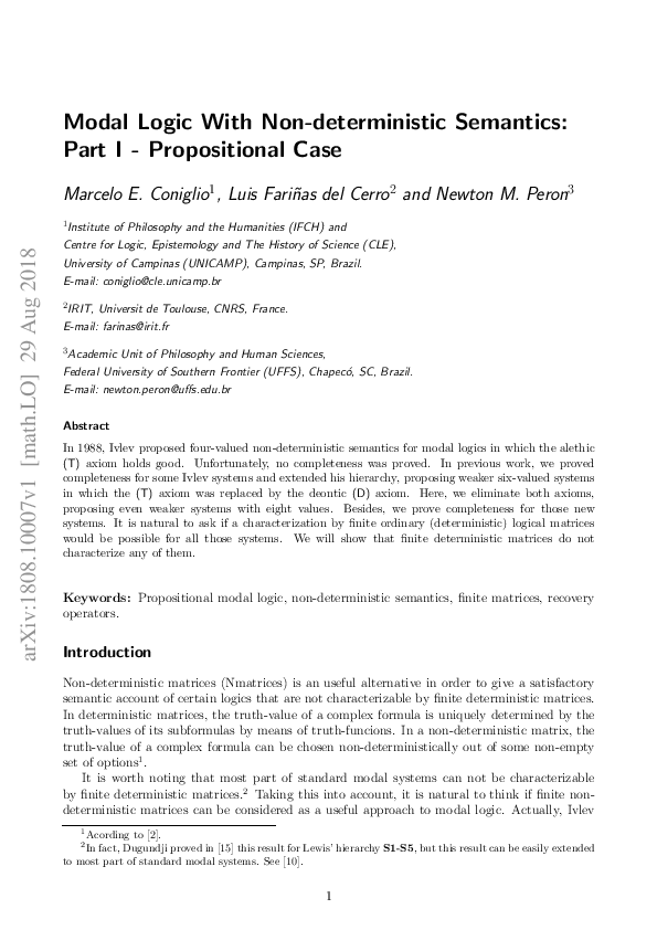 (PDF) Modal Logic With Non-deterministic Semantics: Part I ...