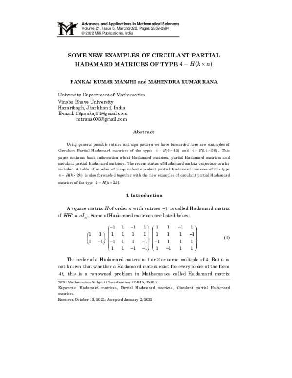 (PDF) SOME NEW EXAMPLES OF CIRCULANT PARTIAL HADAMARD MATRICES OF TYPE