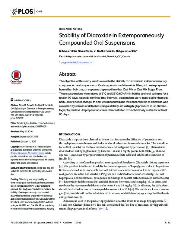 (PDF) Stability of Diazoxide in Extemporaneously Compounded Oral ...