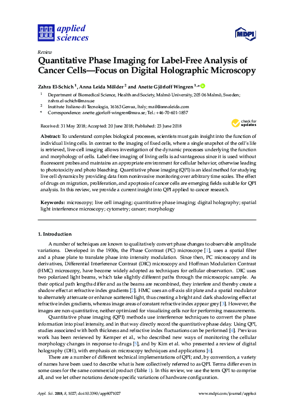 (PDF) Quantitative Phase Imaging for Label-Free Analysis of Cancer Cells—Focus on Digital ...
