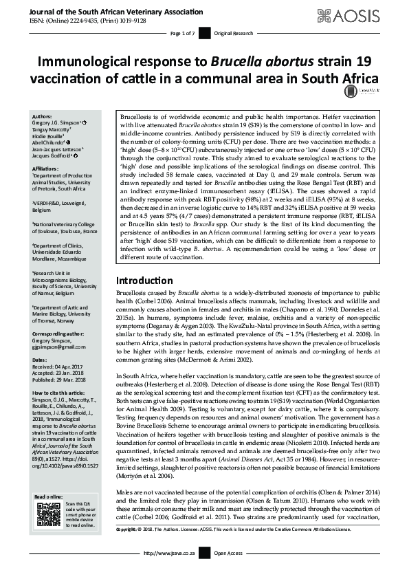 (PDF) Brucella S19 Vaccine Response in South Africa Cattle