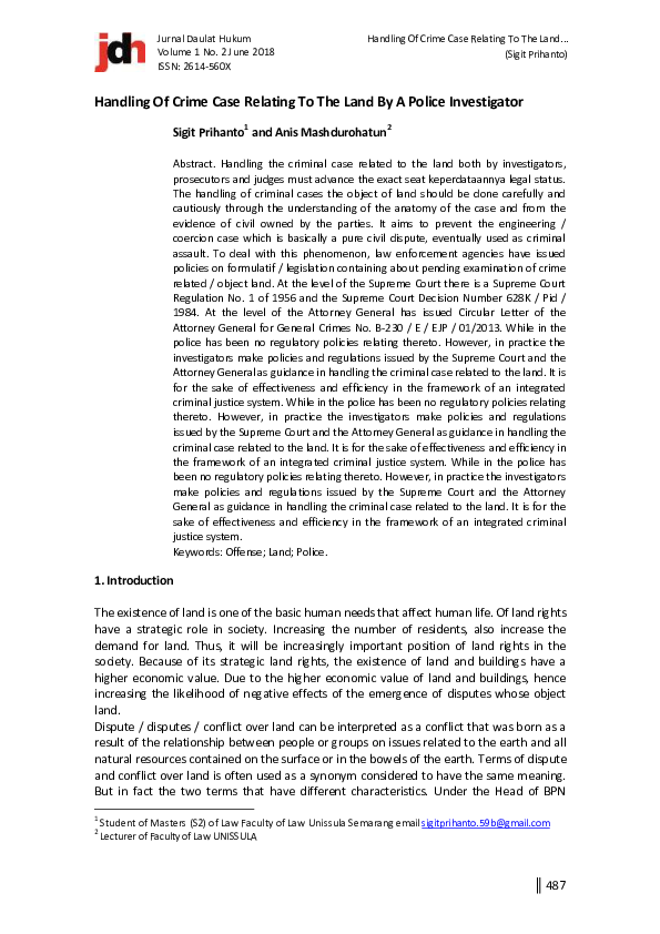 (PDF) Handling Of Crime Case Relating To The Land By A Police Investigator