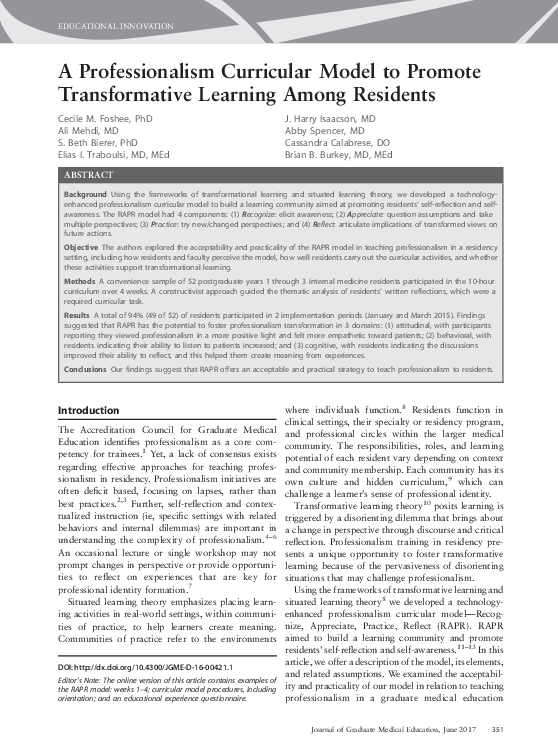 (PDF) A Professionalism Curricular Model to Promote Transformative Learning Among Residents