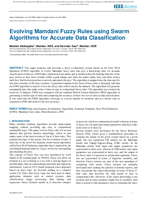 (PDF) Evolving Mamdani Fuzzy Rules using Swarm Algorithms for Accurate Data Classification