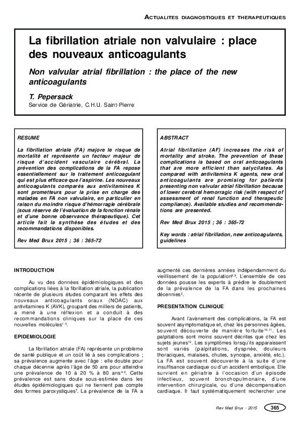 (PDF) Non valvular atrial fibrillation: the place of the new anticoagulants