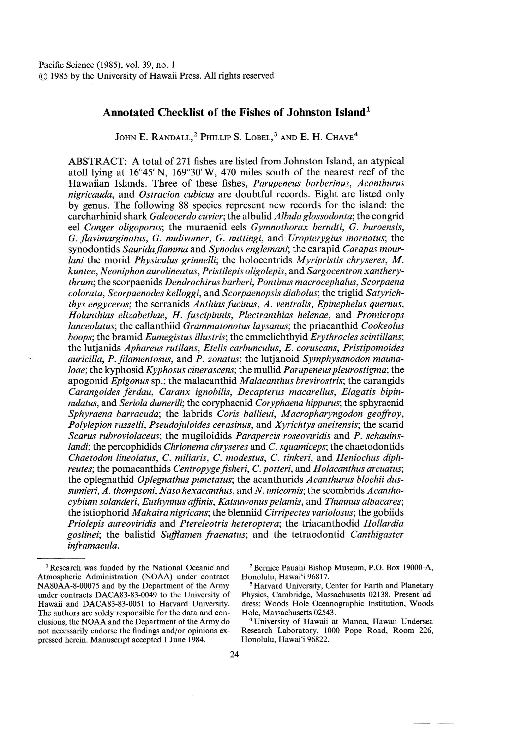 (PDF) Annotated checklist of the fishes of Johnston Island