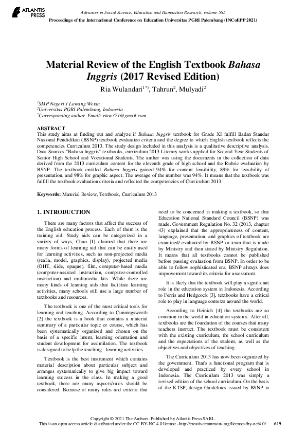 (PDF) Material Review of the English Textbook Bahasa Inggris (2017 ...