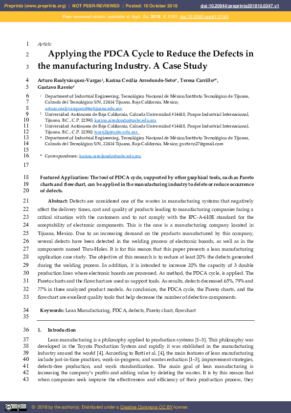 (PDF) Applying the PDCA Cycle to Reduce the Defects in the ...