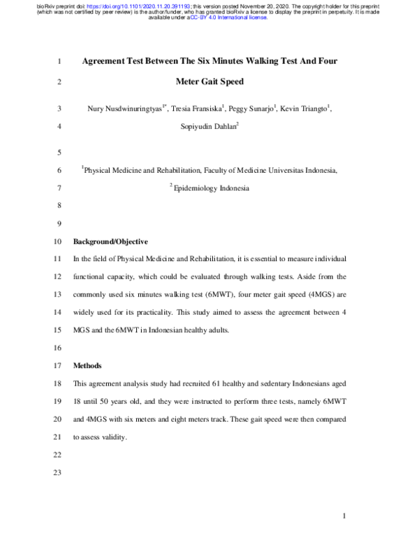 (PDF) Agreement Test Between The Six Minutes Walking Test And Four ...