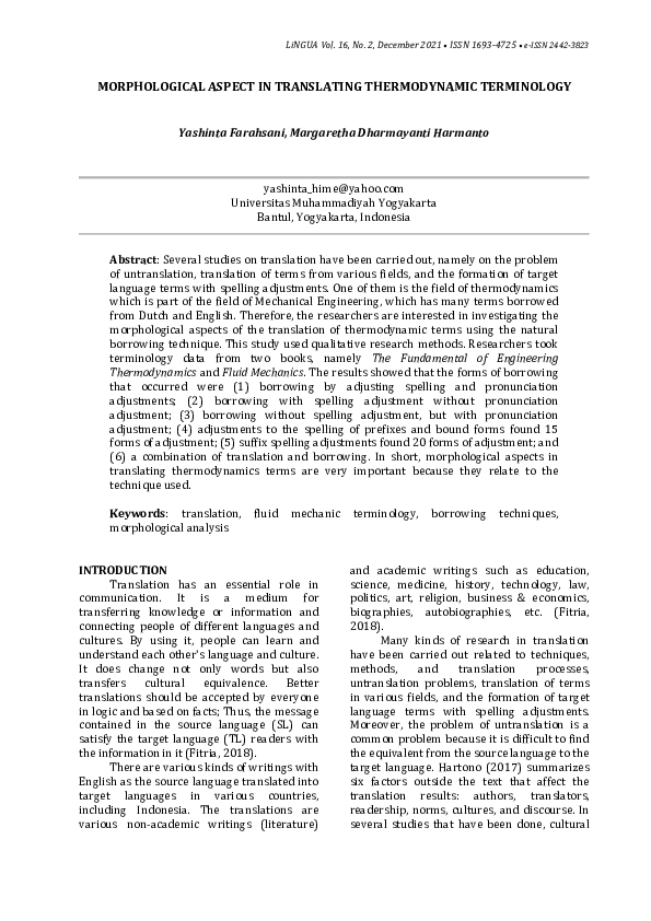 (PDF) Morphological Aspect in Translating Thermodynamic Terminology