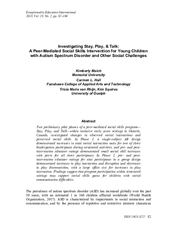 (PDF) Investigating Stay, Play, Talk: A Peer-Mediated Social Skills ...
