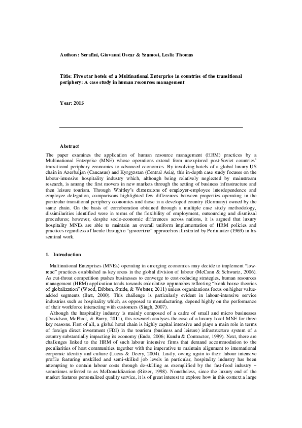 (PDF) Five star hotels of a Multinational Enterprise in countries of ...