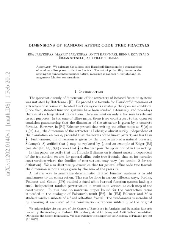 (PDF) Dimensions of random affine code tree fractals
