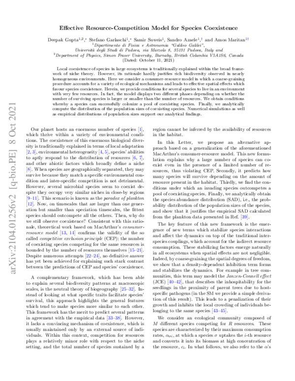 (PDF) Effective Resource Competition Model for Species Coexistence