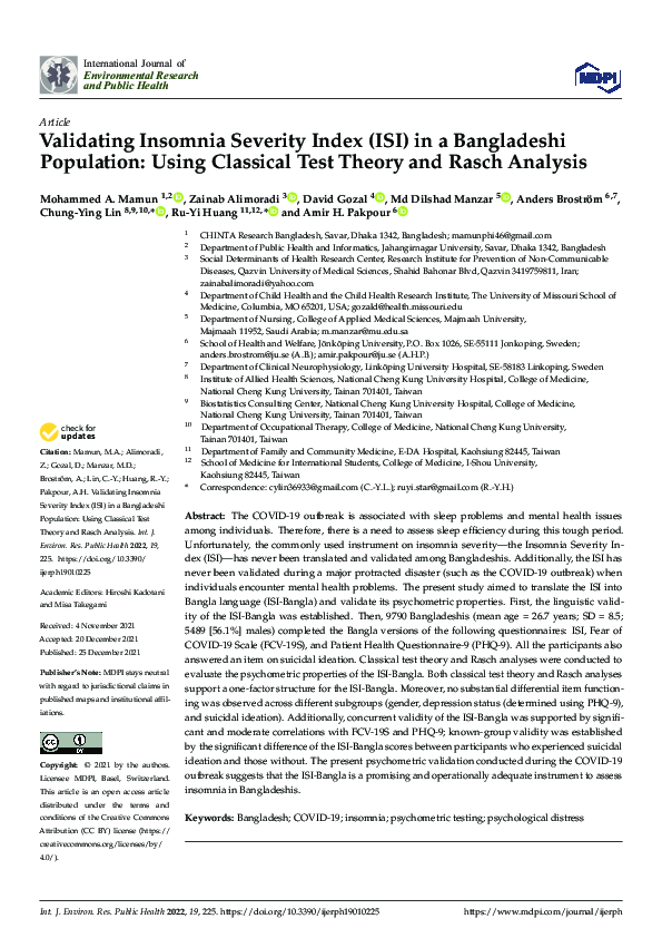 (PDF) Validating Insomnia Severity Index (ISI) in a Bangladeshi ...
