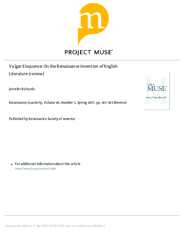(PDF) Vulgar Eloquence: On the Renaissance Invention of English Literature