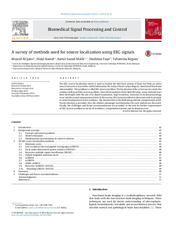 (PDF) A survey of methods used for source localization using EEG signals