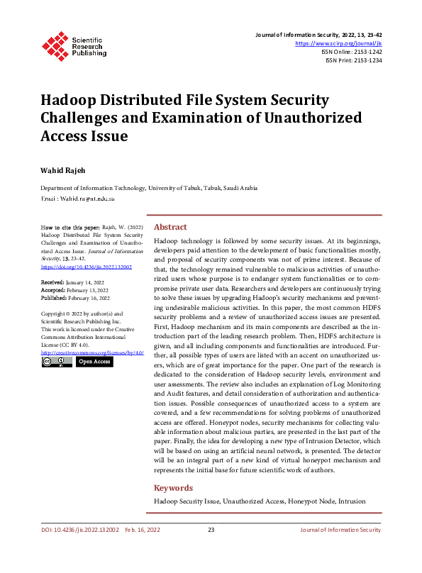(PDF) Hadoop Distributed File System Security Challenges and Examination of Unauthorized Access ...