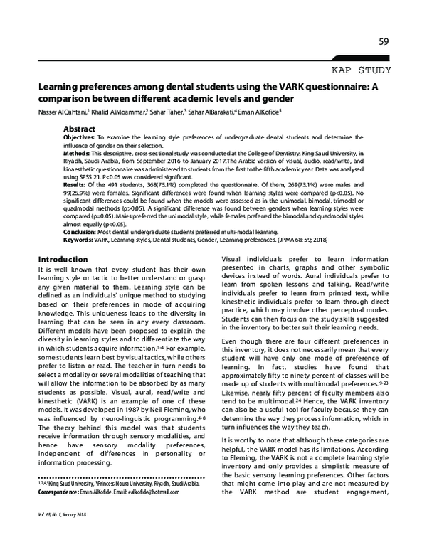 (PDF) Learning preferences among dental students using the VARK questionnaire: A comparison ...