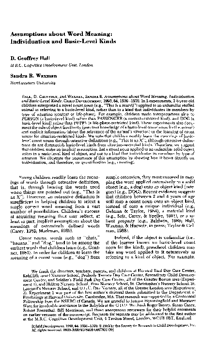 (PDF) Assumptions about Word Meaning: Individuation and Basic-Level Kinds