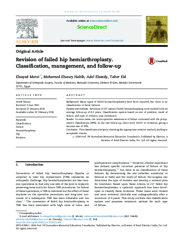 (PDF) Revision of failed hip hemiarthroplasty. Classification ...