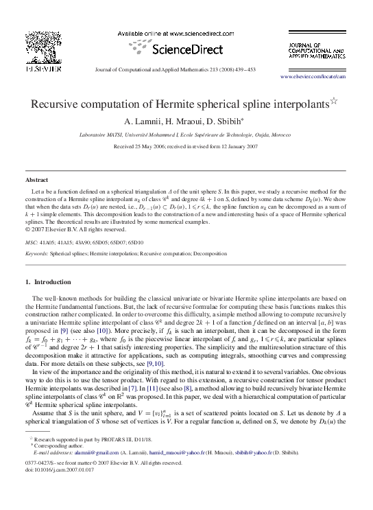 (PDF) Recursive computation of Hermite spherical spline interpolants