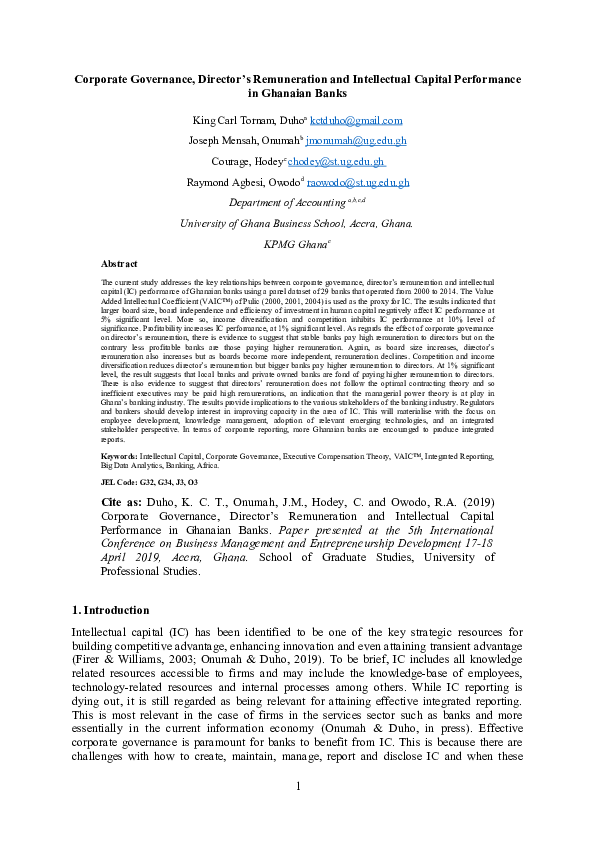 (DOC) Corporate Governance, Director's Remuneration and Intellectual Capital Performance in ...